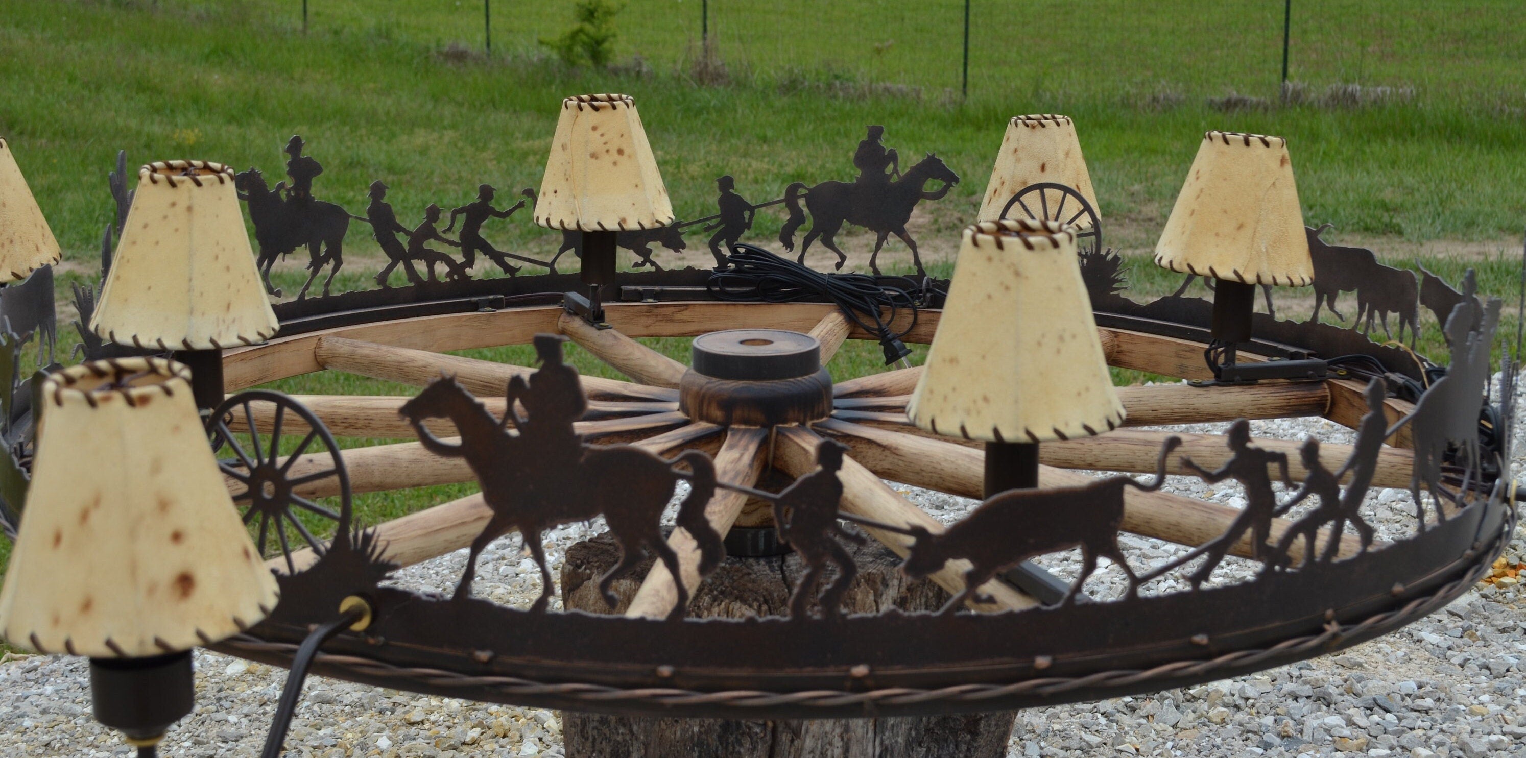 Rustic Wagon Wheel Chandelier: Handmade Sheepskin Shades, Western Ranc ...